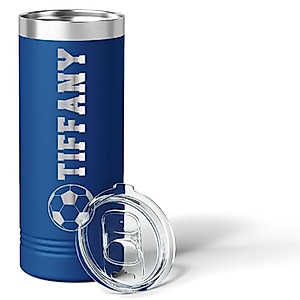Personalized Soccer Ball Tumbler with Lid Laser Engraved on Blue 22 oz Stainless Steel Insulated Cup Birthday Gift for Men, Women, Sports Lover