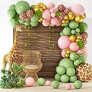 Rubfac 145 Wildlife Pink Sage Green Balloon Garland Arch Kit Giraffe Balloons for Girls Baby Shower Wild Decoration Giraffe Safari Party Supplies