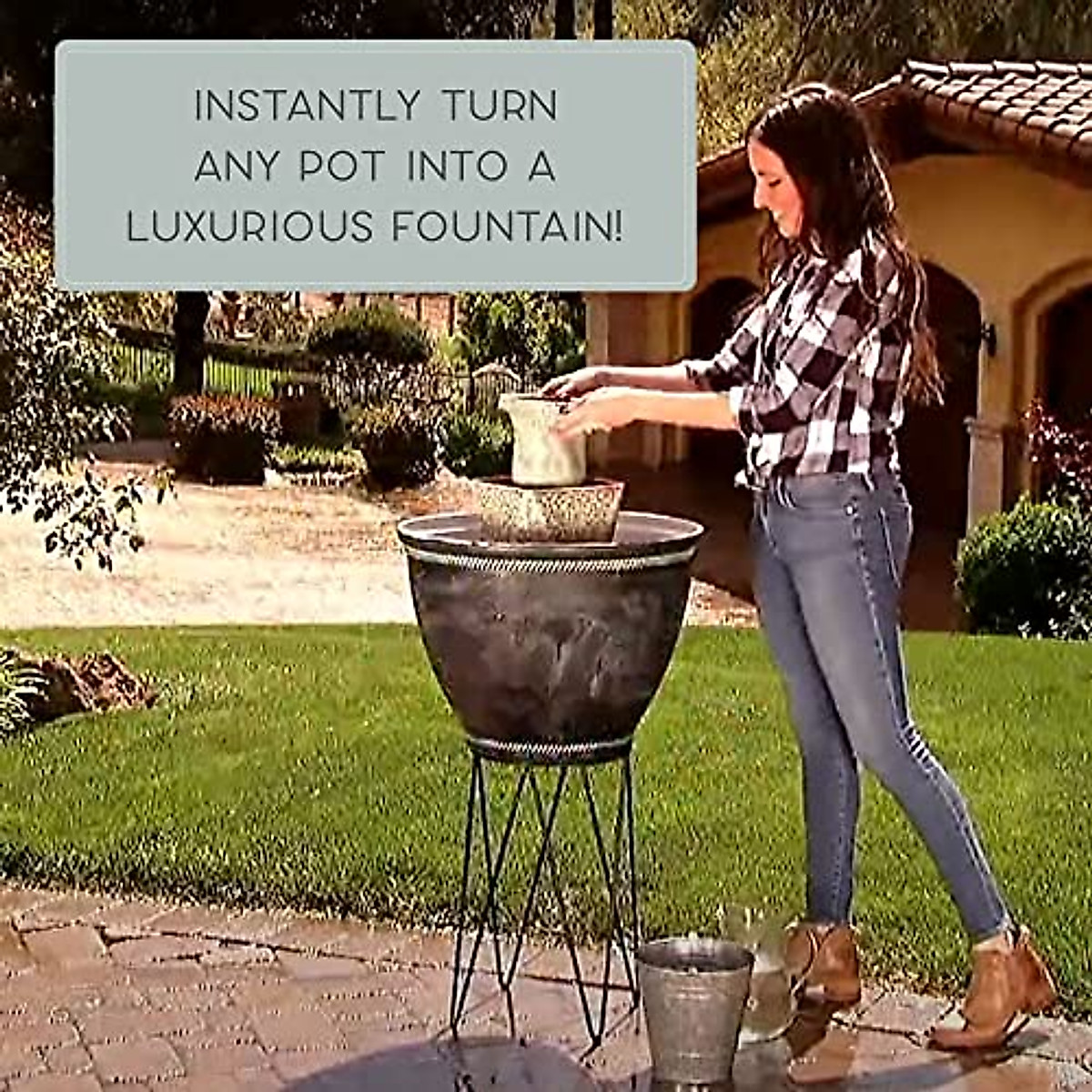 Bernini Veloce 4-in-1 Instant Water Fountain with Planter Turns Any Water Container Into A Decorative Fountain, Flippable Cordless Water Fountains for Soothing Sounds Indoor or Outdoor (Brownstone)