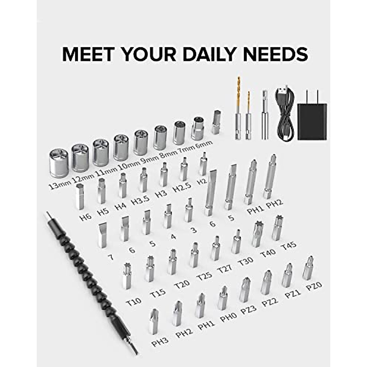 POPULO 4V Electric Screwdriver Kit,6 Torque Settings, Power Screwdriver Cordless Rechargeable with LED Work Light, 32 pieces Screwdriver Bits, 8 Sockets, Flex Hex Shaft, Bit Holders and Storage Box