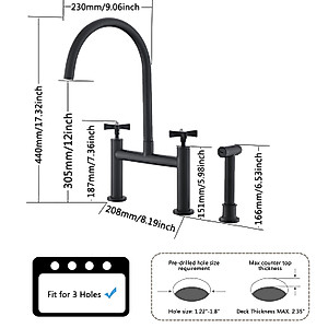 FELIXBATH Kitchen Bridge Faucet with Side Sprayer, 8 inch Brass Kitchen Faucet 2 Handles 3 Holes Deck Mount Kitchen Sink Faucet, Matte Black(CP025B)