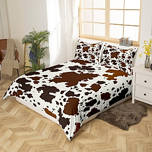 Erosebridal Brown Cowhide Comforter Cover Western Animals Duvet Cover,Black White Longhorn Highland Cow Skin Bedding Set Animal Hide Fur Hair Spot King Bed Set,Cowboy Farmhouse Room Decor