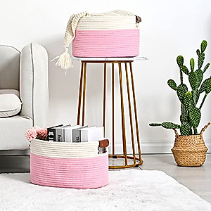 ECDYQXVU 1 Pack Cotton Rope Storage Baskets,15x10x9in,Collapsible Storage Bins, Decorative Woven Basket Cube Storage Organizer for Laundry, Towel, Clothes, Cosmetics, Books(White/Pink)