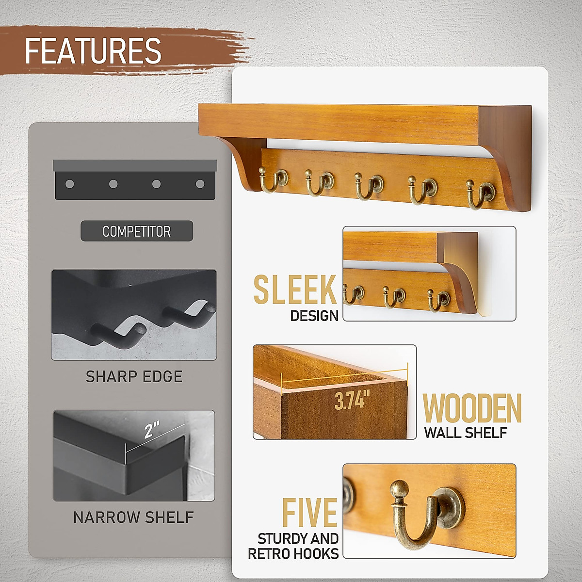 Rebee Vision Decorative Key Holder for Wall with Shelf: Farmhouse Mail Rack with 5 Sturdy Key Hooks for Home Decor, Apartment, Entryway and Hallway (Light Brown)