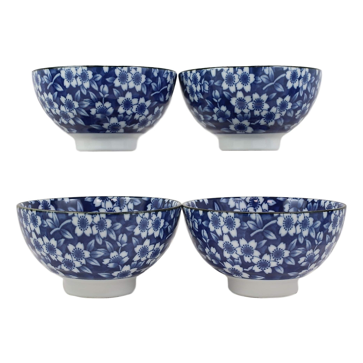 Ebros Gift Made in Japan Ming Style Blue And White Summer Floral Blossom Design 12oz Rice Soup Cereal Porcelain Bowls Set of 4 Home Decor Zen Asian Fusion Accent Housewarming Birthday Gifts Bowl Set