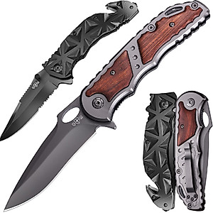 GOOD WORKER Bundle of 2 Items - Black Pocket Knife - Serrated Sharp 3,5" Blade Folding Knives - Best EDC Camping Hiking Hunting Knofe Gear Accessories for Men Wood Handle Sharp Blade Knifes - Gifts
