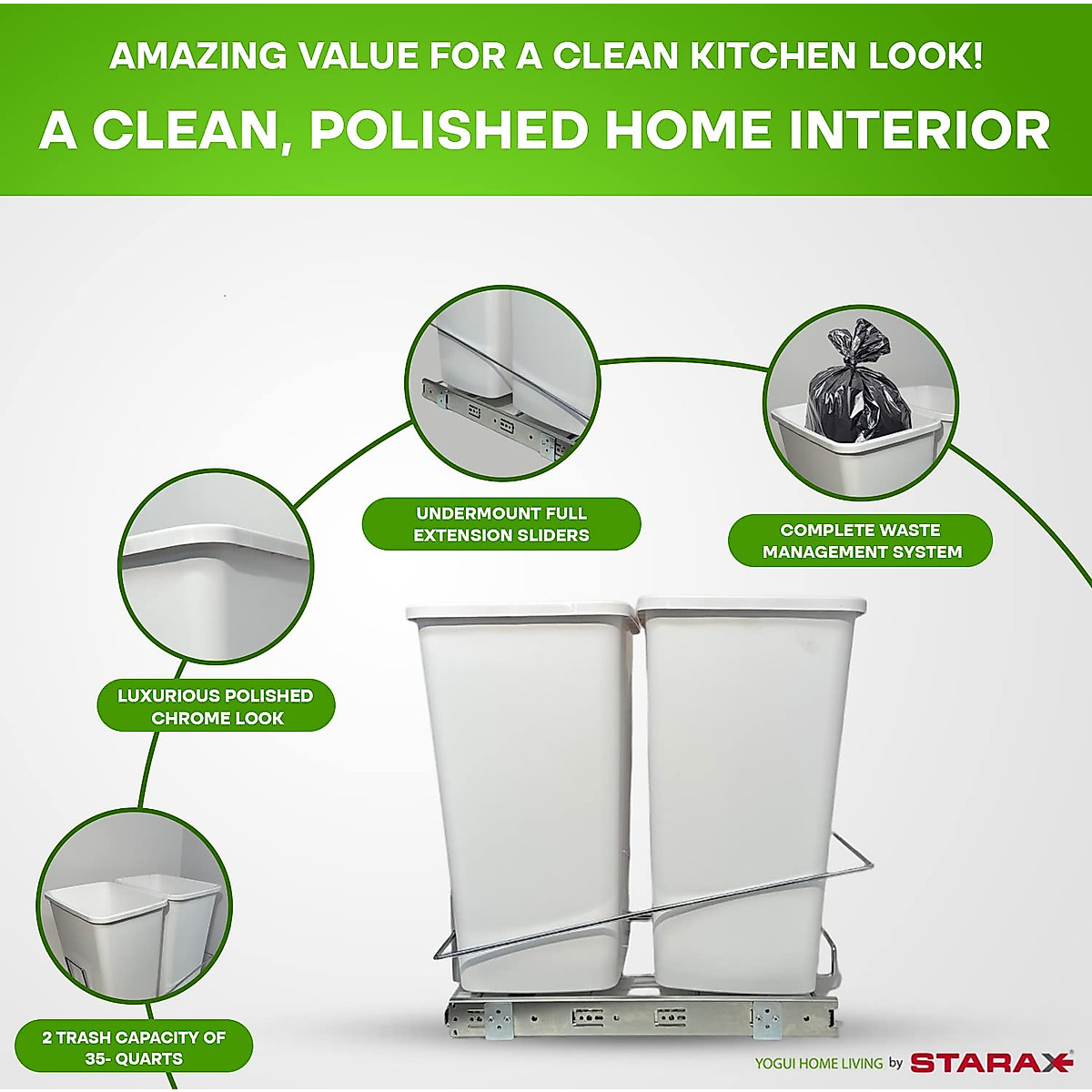 Yogui Home Living by Starax Double 35-Quart Trash Bin Cabinet Pullout System - 2 White Waste/Recycling Bins - Easy-Installation Polished Chrome Ball-Bearing Garbage Slider - (Not Include Can)