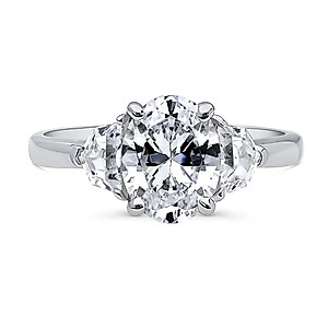 BERRICLE Sterling Silver 3-Stone Wedding Engagement Rings Oval Cut Cubic Zirconia CZ Ring for Women, Rhodium Plated Size 7