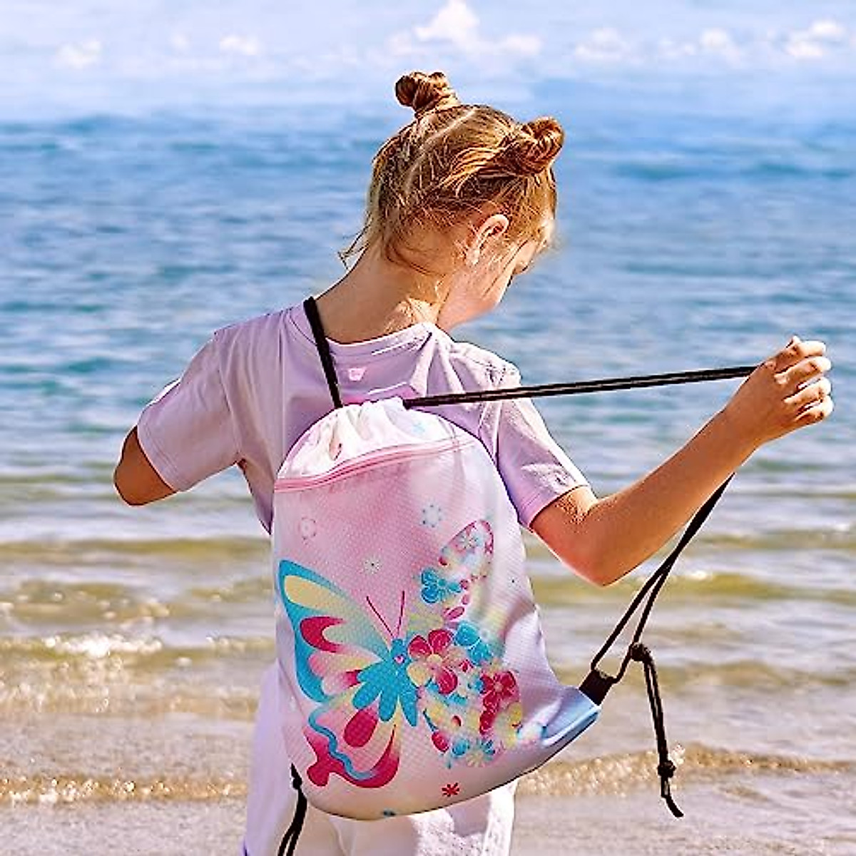 WAWSAM Butterfly Drawstring Backpack for Kids - 13" x 18" Sports Gym Bag for Girls Waterproof Beach Swimming Travel Sackpack Birthday Christmas Gift with Zippered Pocket