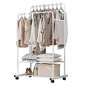MOUTIK Double Rod Clothing Hanging Rack: Metal Rolling Garment Organizer Hanger with 2 Tier Storage Shelves - Indoor Bedroom Clothes Rack Max Load 110LBS Shelf on Wheels(White)