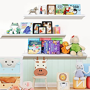 Annecy Floating Shelves Wall Mounted Set of 3, 36 Inch White Rustic Wood Shelves for Wall, Wall Storage Shelves with Guardrail Design for Bedroom, Bathroom, Kitchen, Office, 3 Different Sizes