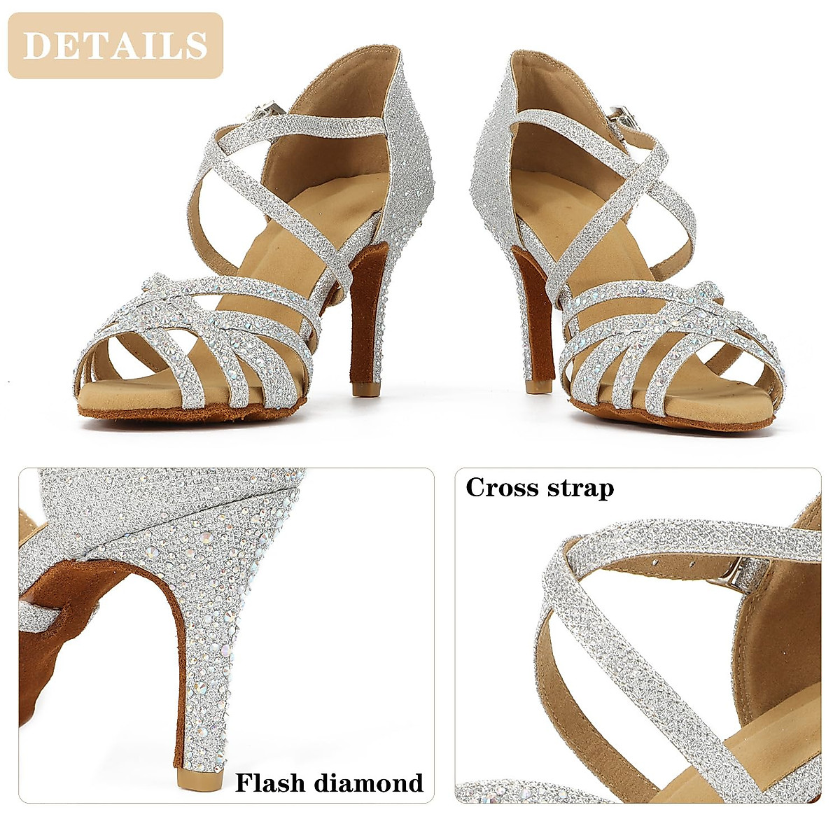 FUKZTE Women Rhinestone Ballroom Dance Shoes Latin Salsa Dance Shoes Practice Party Dance Shoes,Silver 3.35 inch Heel,9.5 US