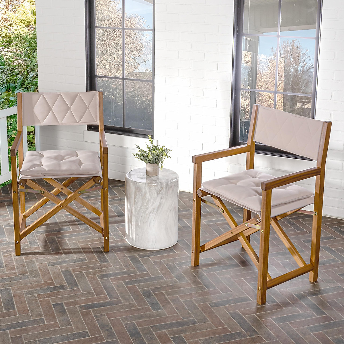 JONATHAN Y DRC1002A-SET2 Waldo Classic Mid-Century Outdoor Acacia Wood Foldable Diamond-Quilted Back Director Chair with Cushion Modern, Vintage, Bohemian, Coastal, Beige/Teak Brown (Set of 2)
