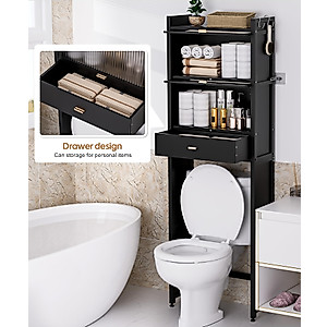 Cozivolife Over The Toilet Storage Cabinet with Drawer and Flip Door,Bamboo Bathroom Organizer Shelf with Anti-Tip Design and Waterproof Feet Pad,Freestanding Rack Above Toilet Space Saver (Black)
