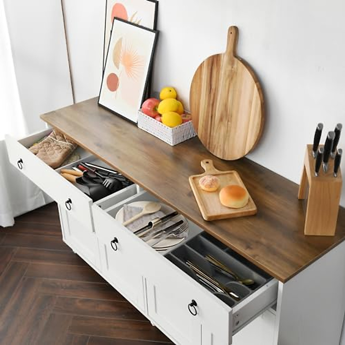 4 EVER WINNER Sideboard Buffet Cabinet with Storage, 55" Kitchen Buffet Storage Cabinet with 2 Drawers and 4 Doors, Retro Coffee Bar Cabinet Wood Buffet Table Dining Room Cabinet, White