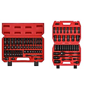 CASOMAN 3/8" Drive Impact Socket Set, 48 Piece Standard SAE and Metric Sizes (5/16-Inch to 3/4-Inch and 8-22 mm), 6 Point, Cr-V Steel Socket Set & 1/2" Drive Master Impact Socket Set, 36 Piece Deep, S