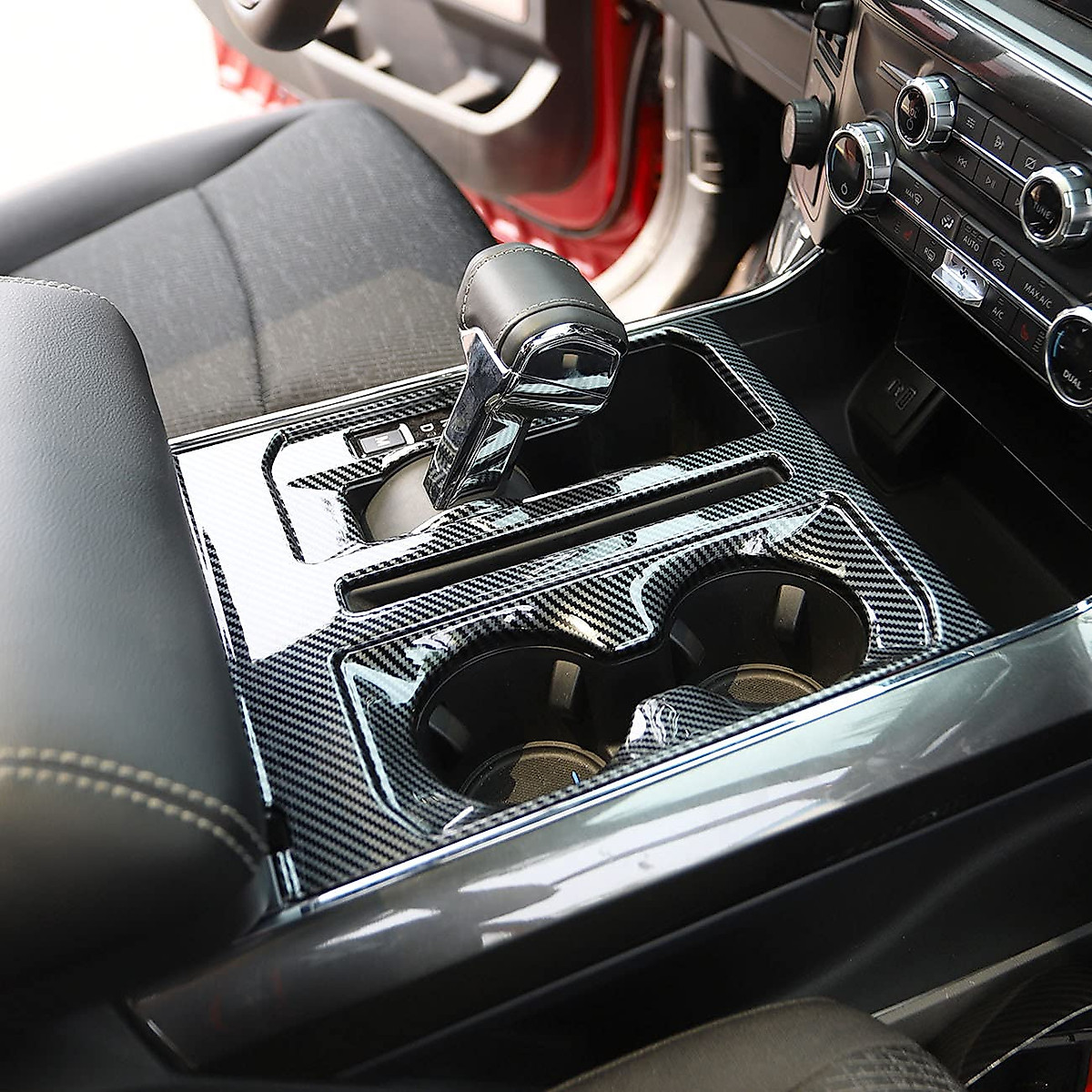 Korlot Carbon Fiber Central Control Gear Cup Holder Panel Shift Knob Head Cover Trim for Ford F150 2021+ (Gear Shift Panel)