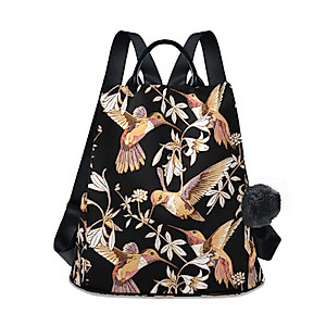 Fustylead Floral Gold Hummingbirds Flowers Backpack Purse for Women Anti Theft Fashion Back Pack Shoulder Bag