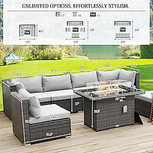 BULEXYARD Grey PE Wicker Patio Furniture Sectional Conversation Sofa Set with 43" Propane/Natural Gas Fire Pit Table, Large Size High Back Outdoor Furniture Set with Fireplace(9Pcs-A, Light Grey)