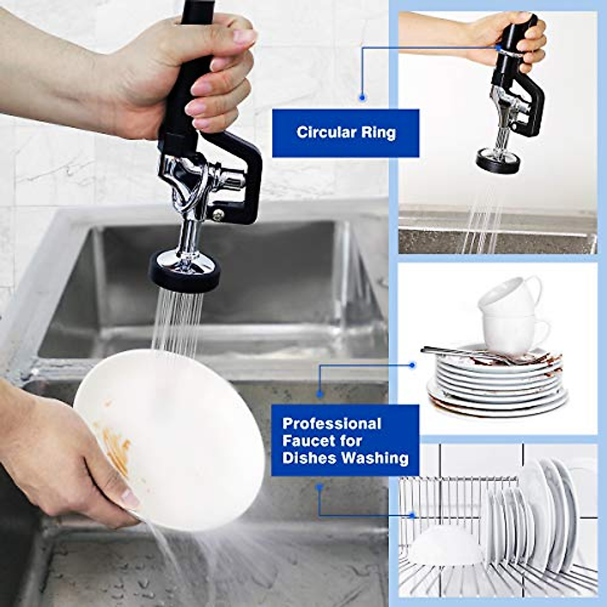 MS 4-8 Inch Adjustable Center Wall Mount 25'' Height Commercial Kitchen Sink Faucet Brass Mini Pre Rinse Unit with Spray Valve and 12 inch Add on Spout (6814P)