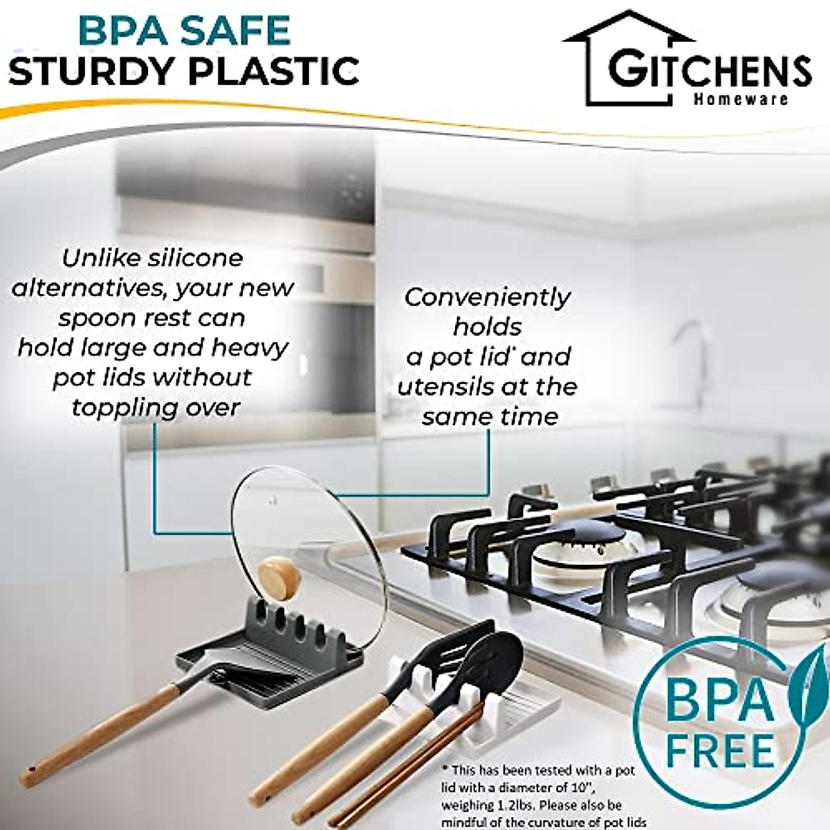 Gitchens Premium Utensil And Spoon Rest with Deep Drip Pad And Pot Lid Holder | Utensils And Spoons Cooking Stand for a Clean Grill, Stove And Kitchen | 2 Pack (White And Grey) with Hanging Hooks