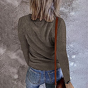 Women's Casual Solid Color Ribbed Top Long Sleeve V-Neck Pullover Knit Shirt Comfy Buttons Slim Workout Plain Blouses Khaki