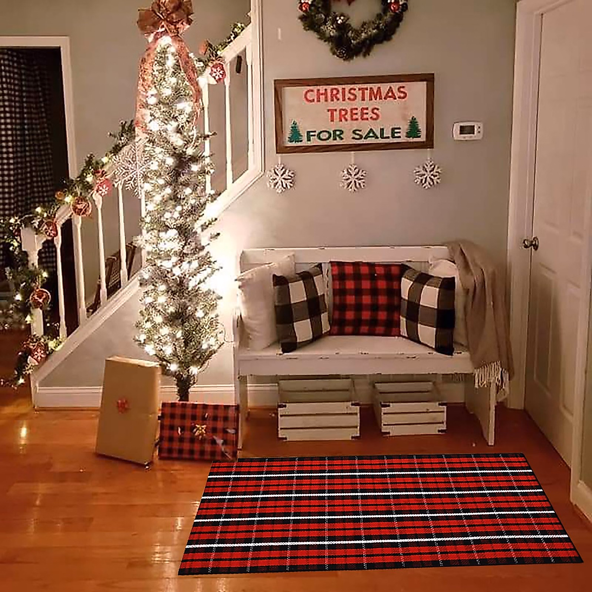 Buffalo Plaid Outdoor Rug Christmas Door Mat Christmas Decor Welcome Rug Cotton Hand-Woven Layered Door Mats for Front Porch, Kitchen, Farmhouse, Entryway (24"x51", Red/Black/White)