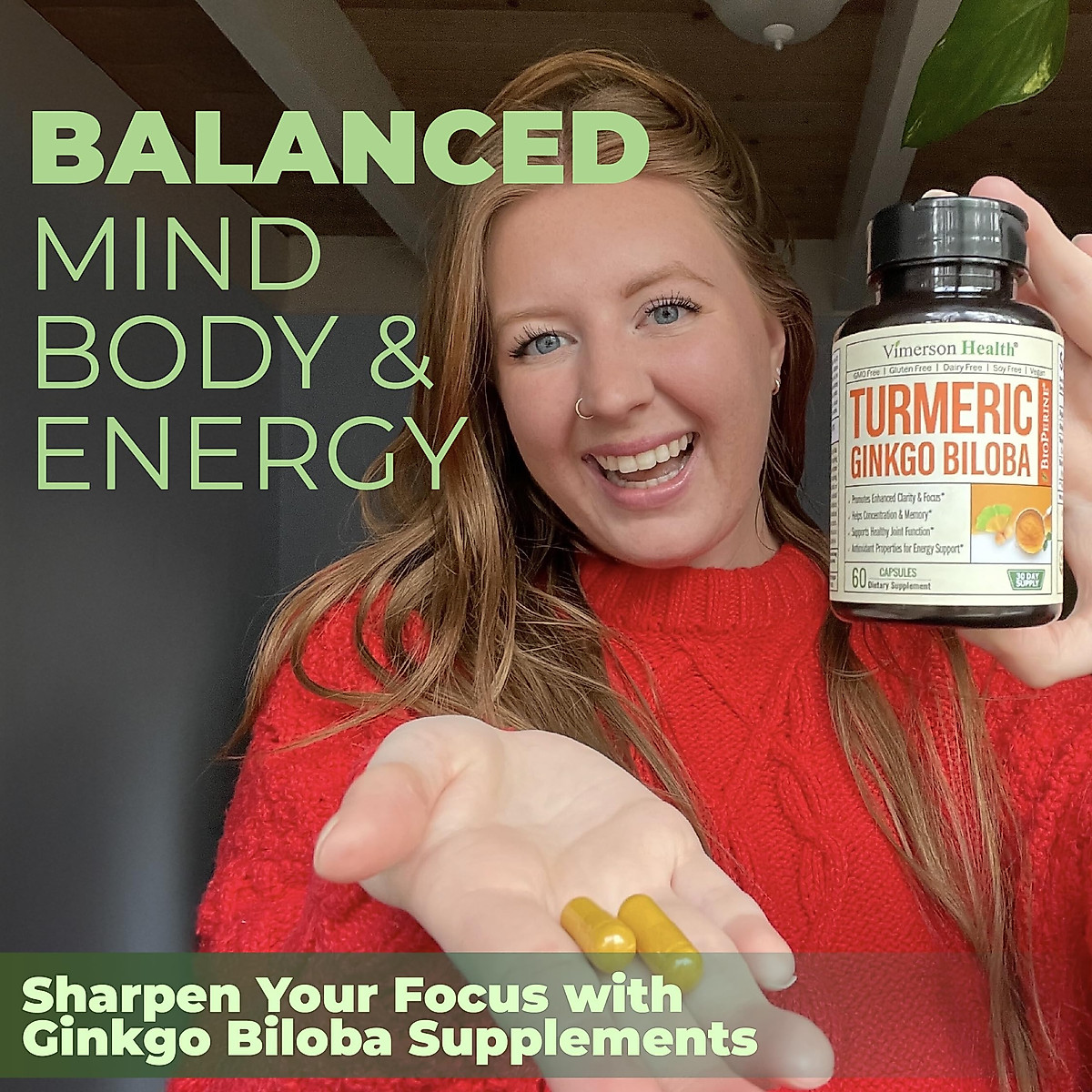 Turmeric Curcumin with Black Pepper and Ginkgo Biloba supplements. Natural Turmeric Supplement with Organic Tumeric to aid Joint Health, Brain Clarity, Focus, Memory, and Concentration. Vegan. 60 Caps