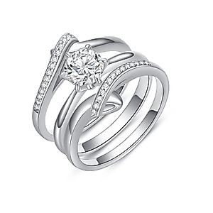 Wedding Ring Set for Women Bridal Ring Set 1 Carat Center Moissanite Engagement Ring Set 3 Piece Wedding Ring Sets for Her Platinum Plated Silver Anniversary Promise Rings size7