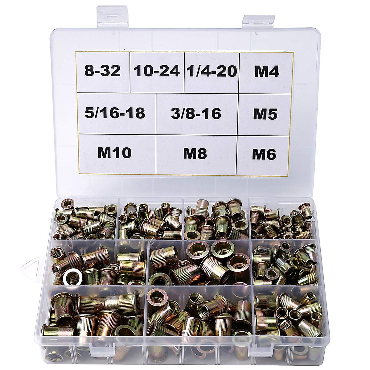 340PCs Rivet Nuts 8-32 10-24 1/4-20 5/16-18 3/8-16 Metric Rivet Nuts M4 M5 M6 M8 M10 Nutsert RIV Nuts Threaded Insert Nuts Kit Carbon Steel