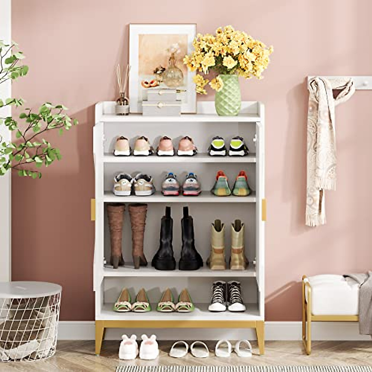 Tribesigns Shoe Cabinet with Doors, 25 Pair Shoe Storage Cabinet with Adjustable Shelves, 6-Tier Modern Wooden Shoe Rack Organizer Cabinet for Entryway, Hallway, Closet, Living Room, White and Gold