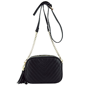Simple Shoulder Bag Crosbody with Metal Chain Strap and Tassel Top Zipper (Black)