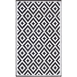 FH Home Outdoor Rug - Waterproof, Fade Resistant, Reversible - Premium Recycled Plastic - Geometric - Porch, Deck, Balcony, Mudroom, Laundry Room, Patio - Aztec - Black & White - 3 x 5 ft