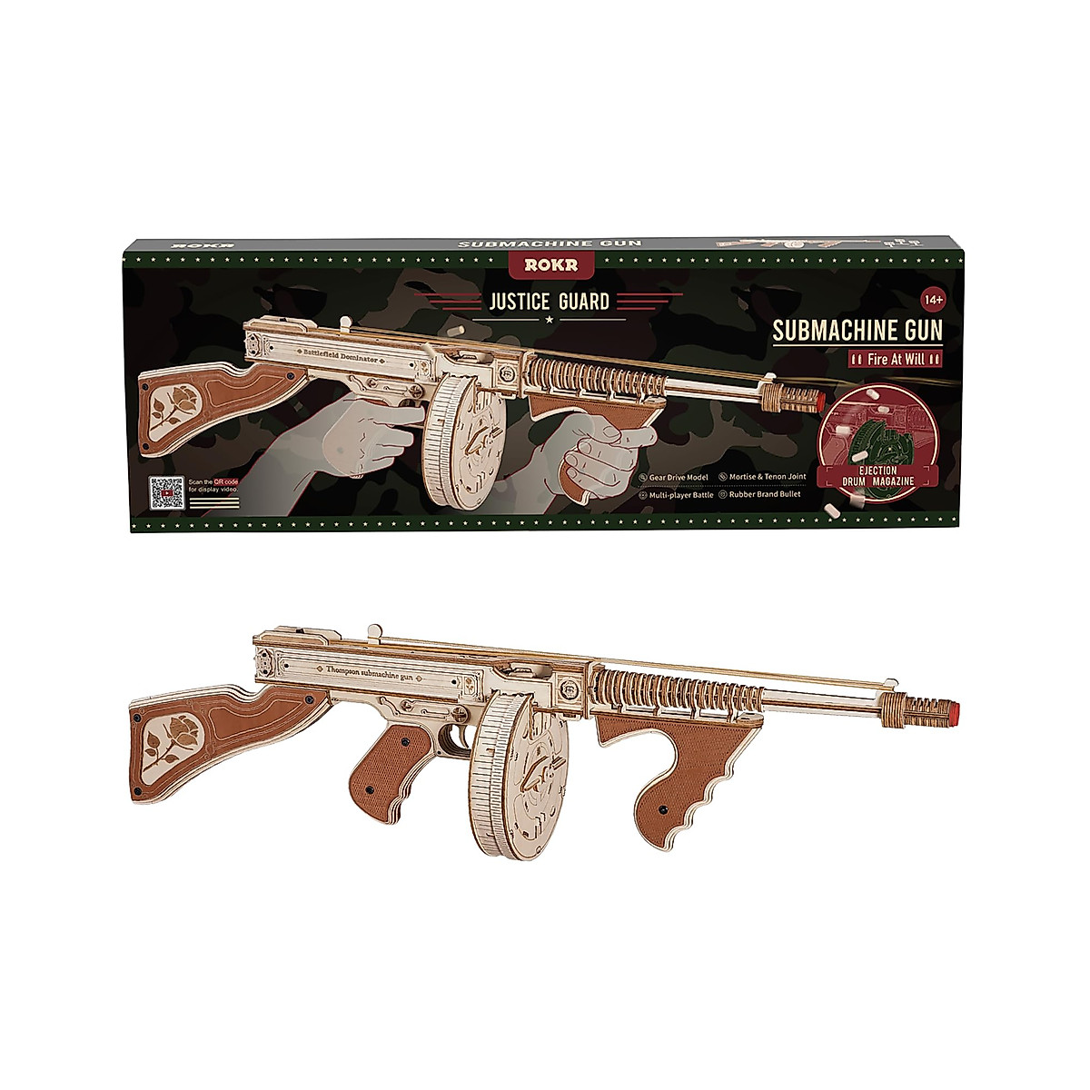 ROKR 3D Wooden Puzzles for Adults 275pcs Submachine Gun Rubber Bands Gun Toy DIY Building Model Kits Assembly puzzle Gifts for Teens