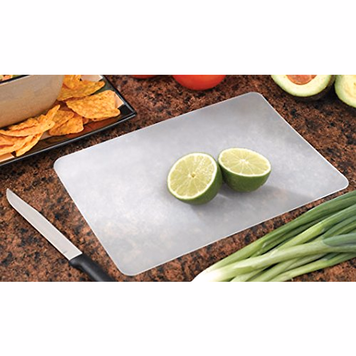 4 ALAZCO Clear Flexible Cutting Board 5.75'' x 7.5'' Small For Bar Counter-Top Chopping Mats For Fruits & Vegetables Appetizer Garnish Prep - CLEAR