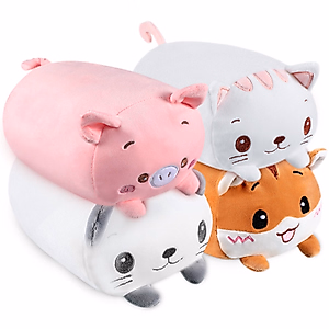 Skylety Plush Toys Set, 4 Pieces Cute Panda/Pig/Squirrel/Cat Stuffed Animal Toy Decoration Cuddly Plush Pillows Hugging Pillow Kawaii Plush Toy Comfortable Cushion Toy Gifts for Valentine, Birthday