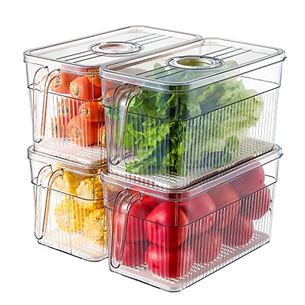 Produce Saver Containers for Refrigerator, 6.3Lx4 Organizer Bins with Lids Stackable Large Food Storage Container Sets with Drain Tray, Square Handle Food Storage Organizer Boxes, BPA Free, Set of 4