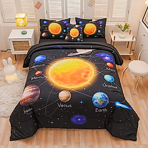 Tasselily Twin Size Comforter Sets for Boys, Space Bedding Set Twin Bed in a Bag, 6 Pcs Universe Planet Galaxy Comforter Set with Sheets