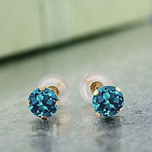 Gem Stone King 14K Yellow Gold London Blue Topaz Stud Earrings For Women (1.10 Cttw, Gemstone Birthstone, 5MM Round)