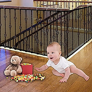JIFTOK Baby Gate for Stairs, Banister Guard for Kids, Pets, Toys, 10ft L x 2.66 ft H, Mesh Netting Safety Net for Balcony Rail Stair, Stairway Net Baby Safety Products for Indoor & Outdoor (Black)