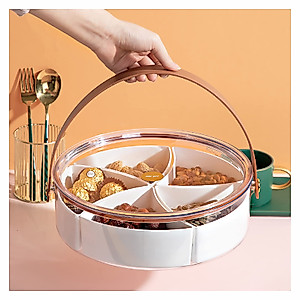 Clear Divided Serving Tray with Lid & Handle, Portable Round Plastic Veggie Tray, Platter Food Storage Container Box for Candy, Appetizer, Snack, Dried Fruit, Nuts, Vegetable, Party