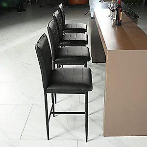 Modern Leather Bar Stools Set of 4 - Counter Height Industrial Bar Stools for Kitchen Island - High Dining Room Chairs with Soft Back Patio Furniture Chairs for Home Garden Pub Bar Backyard (Black)