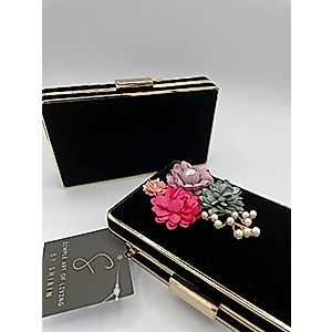 shiiriin | Women’s 3D Floral Black Velvet Clutch Purse Hand Bag | Handmade W/Pearl | Bridal Wedding Evening Formal Party | Crossbody
