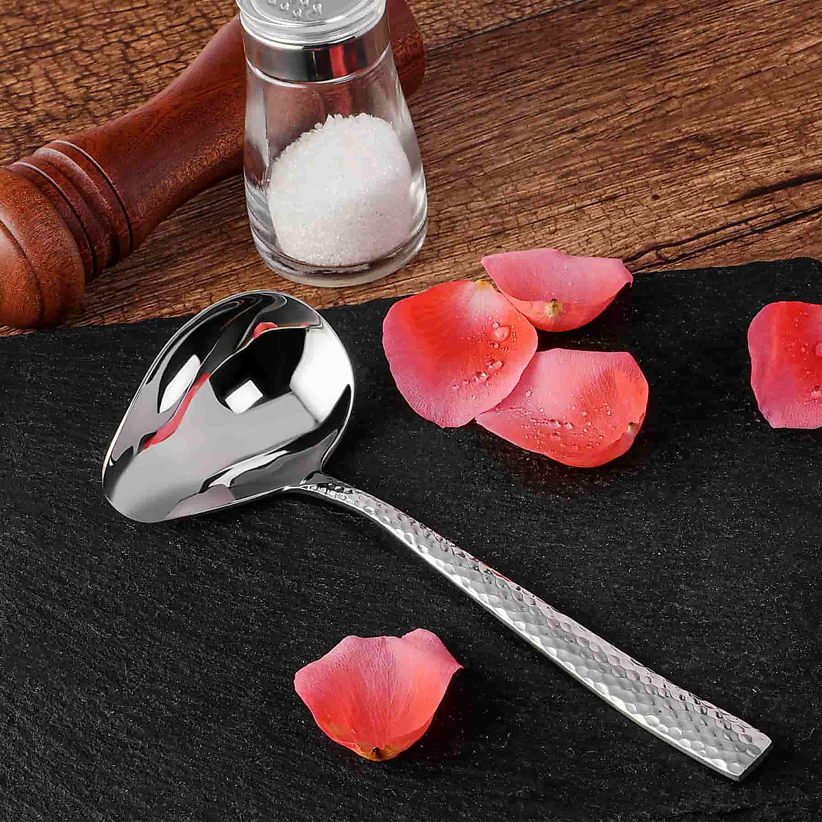 KEAWELL Louis Hammered 18/10 Stainless Steel Sauce Ladle With Pouring Spout, Great small sauce spoon for gravies and dressings, 7.4 Inch, Dishwasher Safe (2)