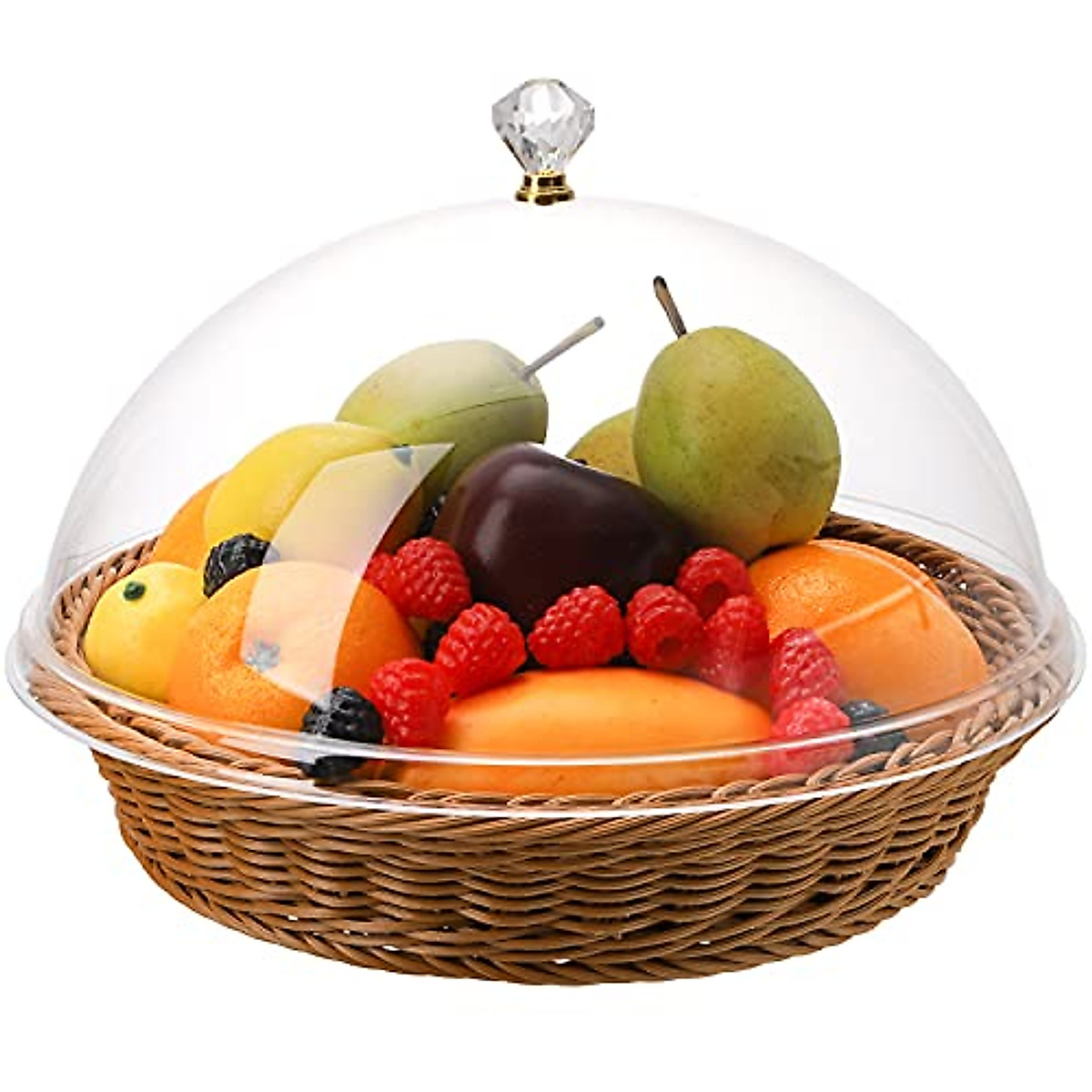 YOUEON Imitation Rattan Bread Basket with Acrylic Dome Cover, 12 Inch Round Woven Fruit Basket Handmade Poly Food Serving Basket for Bread, Snacks, Vegetable, Food