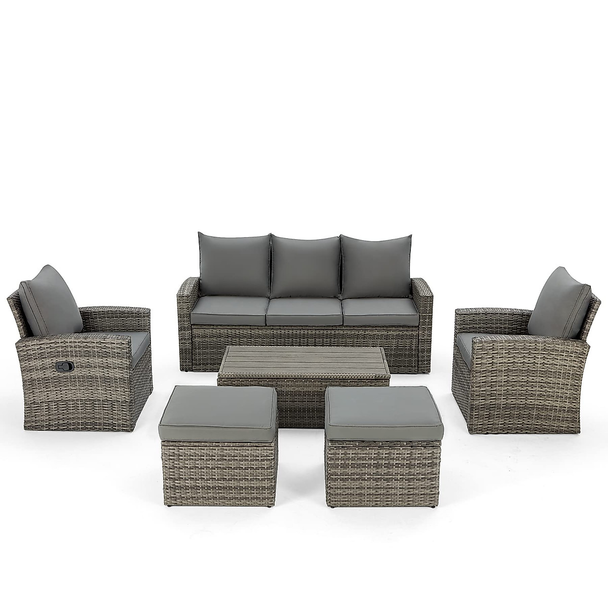 GYUTEI 6 Piece Patio Furniture Set, Outdoor Sectional Conversation Rattan Sofa Set with Ottoman and Outdoor Storage Table for Garden, Porch, Backyard(Grey)