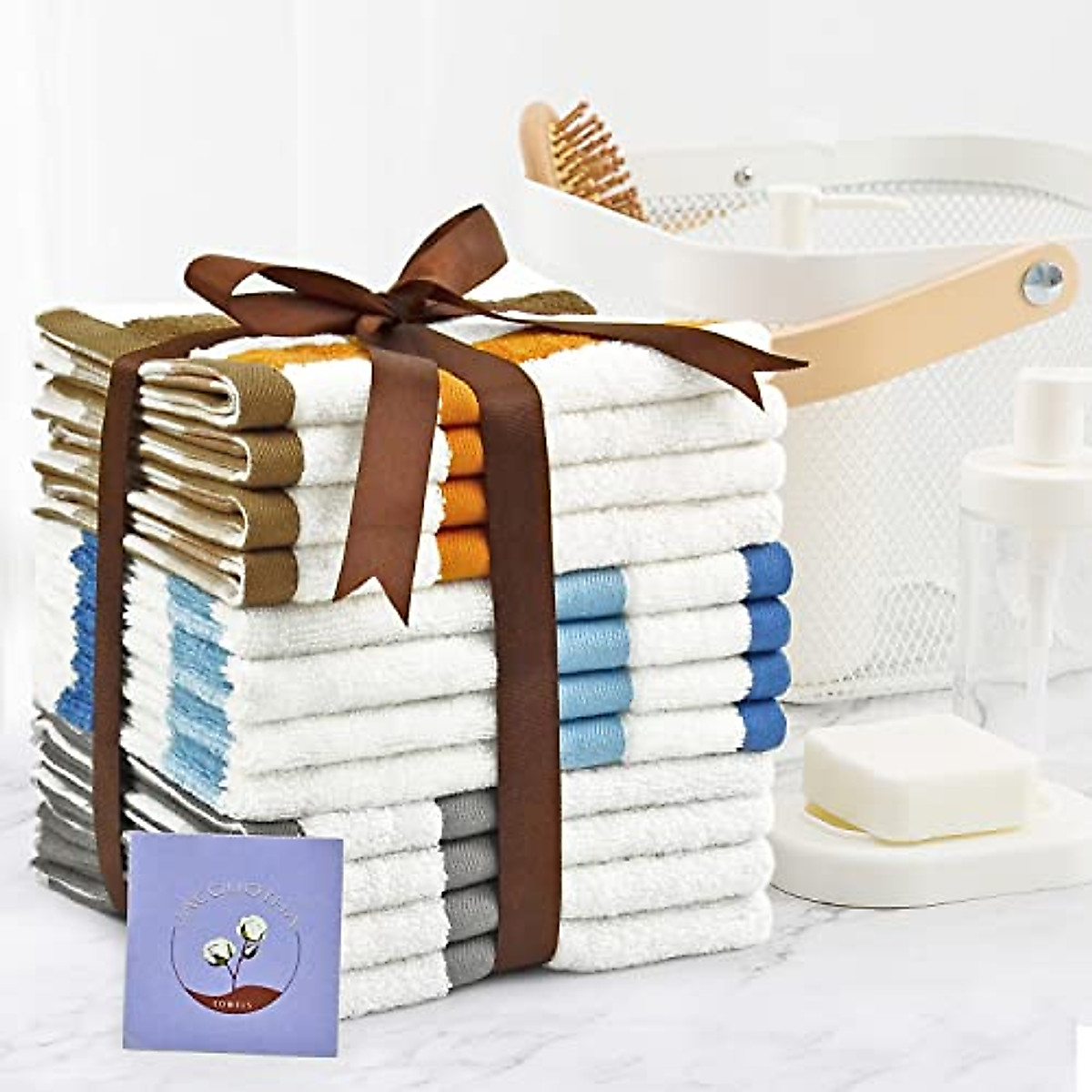 Striped Washcloths 24 Pack 6-Color Bundle - Cotton Wash Cloths for Body and Face 13 x 13 Inches