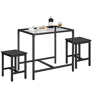 HOOBRO Dining Table Set, Glass Bar Table and Chair Set, Kitchen Table and Chairs with 2 Bar Stools, 3-Piece Bar Height Table and Chairs for Living Room, Dining Room, Party, Black BK80CZ01
