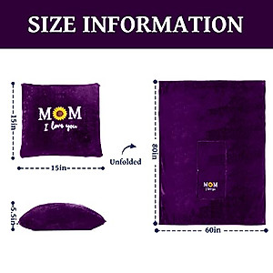 Birthday Gifts for Mom, Mom Birthday Gifts, Mother's Day Mom Gifts from Daughter, Valentines Day Gifts for Mom, Pillow Blanket 2 in 1, I Love You Mom Soft Sunflower Pillow Blanket 80"x60" (Purple)