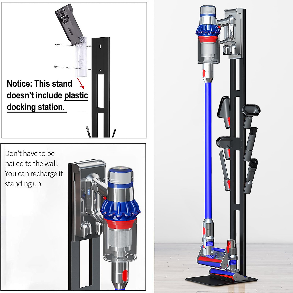 Docking Station Holder Vacuum Stand Rack Compatible with V15 Detect, V11 V10 V8 V7 V6 Cordless Vacuum Cleaners, Floor Docking Station Metal Organizer Bracket with 6 Hooks, Matte Black